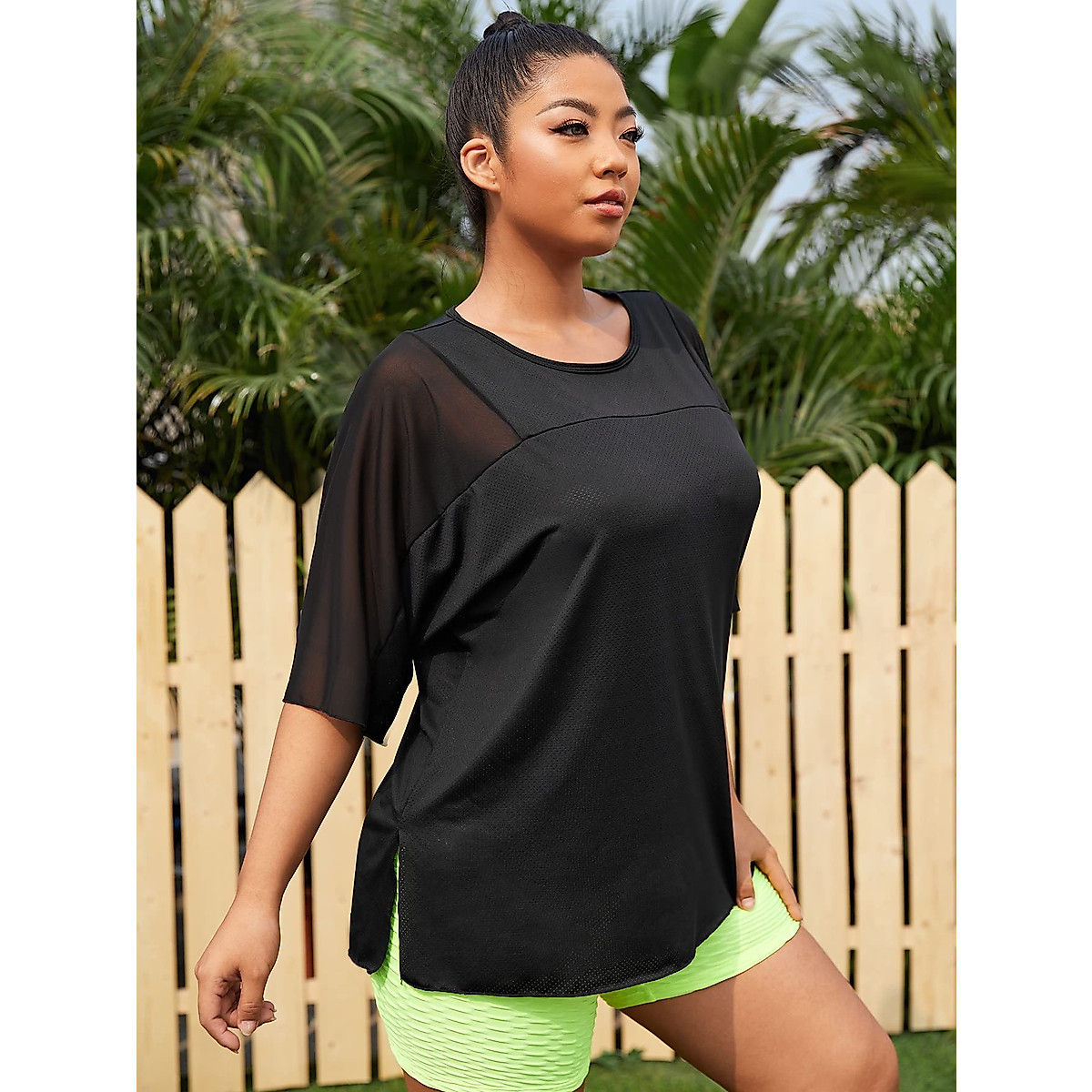 MakeMeChic Women's Plus Size Athletic Shirts Casual Letter Graphic Short Sleeve Round Neck Split Workout Sports Tee Tops Black B 4XL
