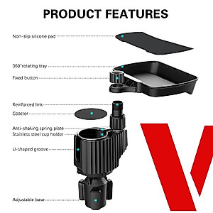 Vacallity Multifunctional Car Cup Holder Tray for Car Cup Holder Expander Table, Dual Cup Holder with Food Tray Adjustable Base for Road Trip Essentials Car Accessories, Fits Large Bottles Mugs