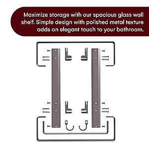 Vdomus Glass Bathroom Wall Organizer Shelf, 2-Tier Glass Shelf with Integrated Towel Bar Wall Mounted Shower Storage 15.2 by 5 inches, Brushed Silver Finish (2 Tier Glass Shelf)