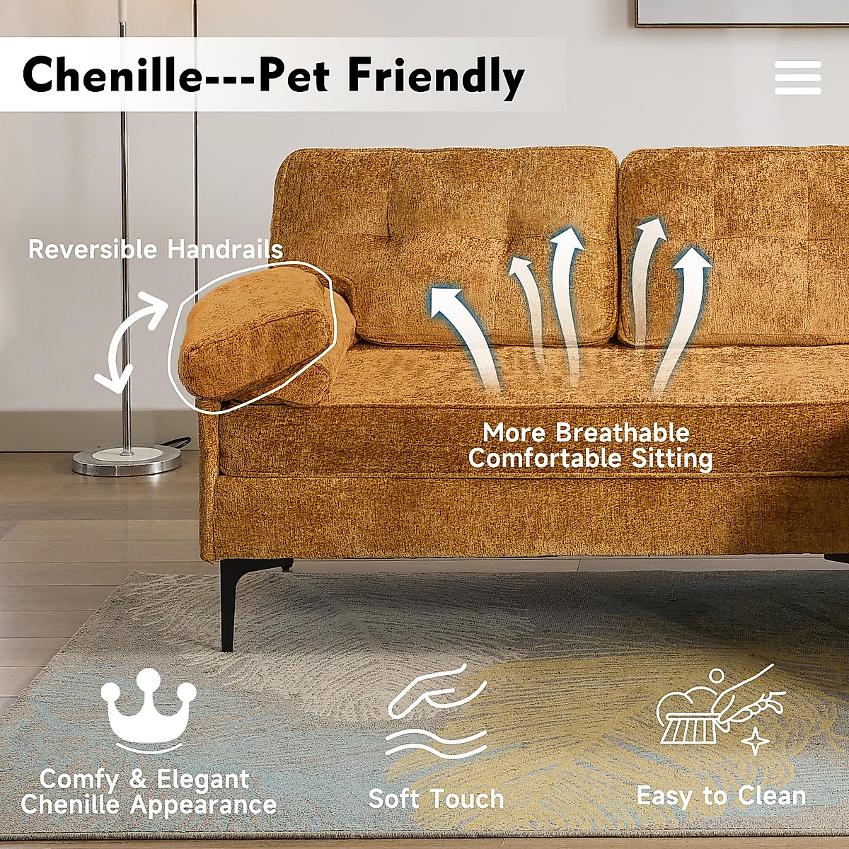 WOTSTA 82.7" Convertible Sectional Sofa, L Shaped Couch with Reversible Chaise, Modern Chenille Sectional Sofa for Living Room, Comfy 3 Seat Sofa Couch for Apartment, Small Spaces(Yellow)