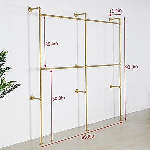 ZGZR Industrial Pipe Clothes Rack Metal Clothing Store Display Stands Wall Mounted Garment Rack, Heavy Duty Hanging Rod for Closet Storage, 89.8in Gold