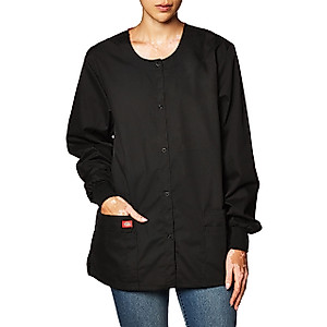 Dickies Women's EDS Signature Scrubs Missy Fit Snap Front Warm-Up Jacket, Black, Large