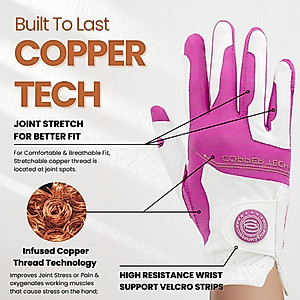 Copper Tech Ladies Golf Gloves 2 Pack - 100% AAA Synthetic Tacky Leather - Optimal Wrist Support for Golfers - Women's Golf Glove Left Hand - Perfect Pink Golf Glove for Fall - (One Size Fits Most)