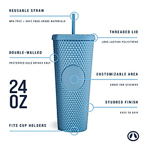 Hogg 24oz Studded Tumbler - Light Blue, Iced Coffee Cups with Lids Reusable, 24 oz Tumbler with Lid and Straw, Venti Reusable Iced Coffee Cup, Bling Cup, DIY Circle for Vinyl or Stickers, Blue Tumbler