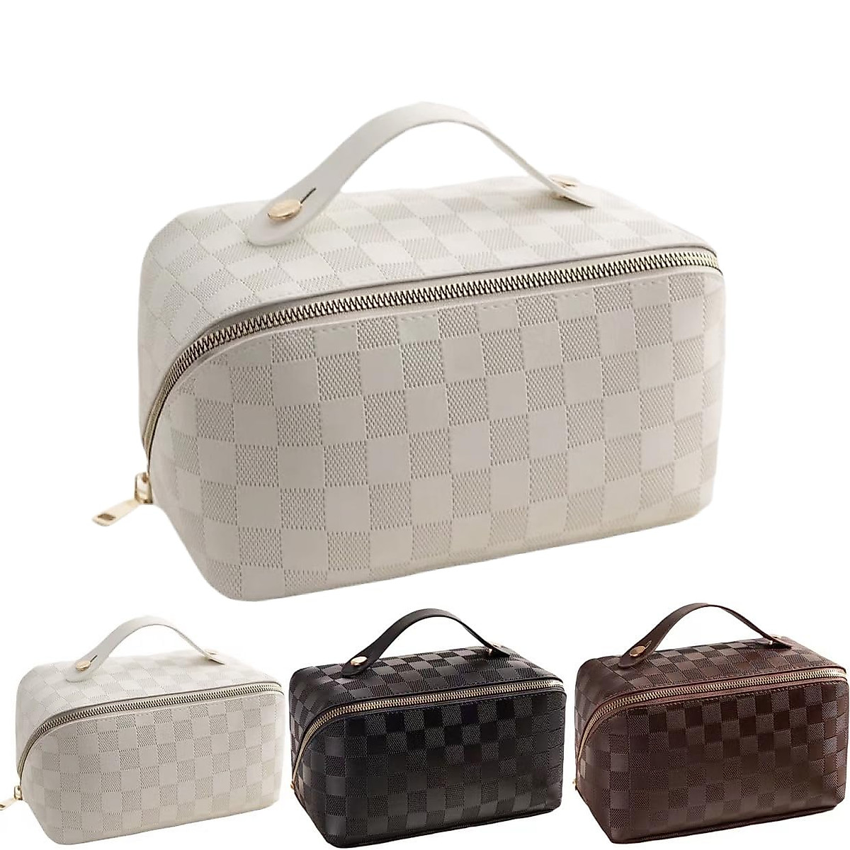 BIVIZKU Large Capacity Brown Checkered Makeup Bags Portable Travel Cosmetic Bags Open-Flat Toiletry Bag for Women Girls Make Up Organizer with Divider Pouch Zipper Bag (white-checkered)