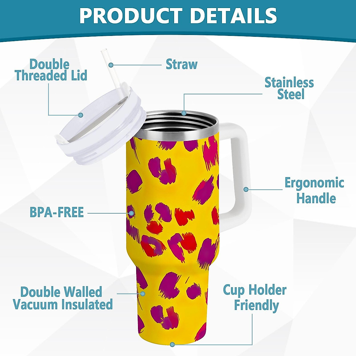 ODAWA 40 Oz Double Wall Insulated Tumbler, Leopard Yellow Stainless Steel Tumbler with Handle and Straw Lid