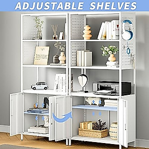 Yizosh 5-Tier Bookshelf, Tall Bookcase with Doors, Industrial Display Standing Shelf Units with Lock & Pegboard, Metal Storage Shelves for Living Room, Bedroom, Home Office (White)