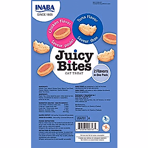 INABA Juicy Bites Grain-Free, Soft, Moist, Chewy Cat Treats with Vitamin E and Green Tea Extract, 0.4 Ounces per Pouch, 18 Pouches (3 per Bag), Tuna and Chicken