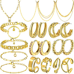 Henoyso 16 Pcs Gold Jewelry Set for Women Necklaces, Bracelets, Earrings, Knuckle Rings for Valentine's Birthday Wedding Parties Gifts(Stylish Style)