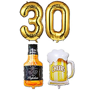 30th Birthday Decorations for Him, 30 Years Birthday Decorations with 40 Inch Gold Number Balloons, Banner, 30 Sign Latex Balloon, Fringe Curtains and Cups Foil Balloons