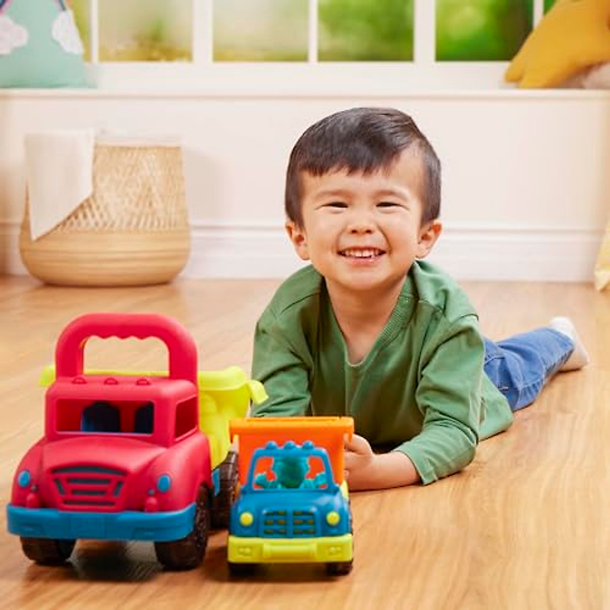 B. toys- B. play- Grab-n-Go Truck Set- 2 Dump Trucks – 1 Large Truck & 1 Small Truck – Big Truck with Handle & Mini Truck with Driver – Toy Trucks for Toddlers, Kids- 1 Year +