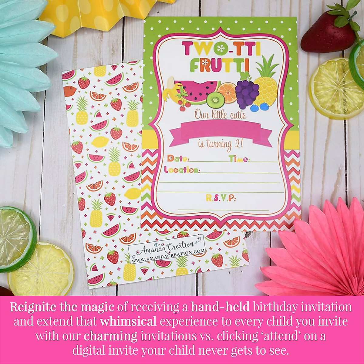 Tutti-Frutti Sweet and Juicy 2nd Birthday Party Invitations, 20 5x7 Fill In Cards with Twenty White Envelopes by AmandaCreation