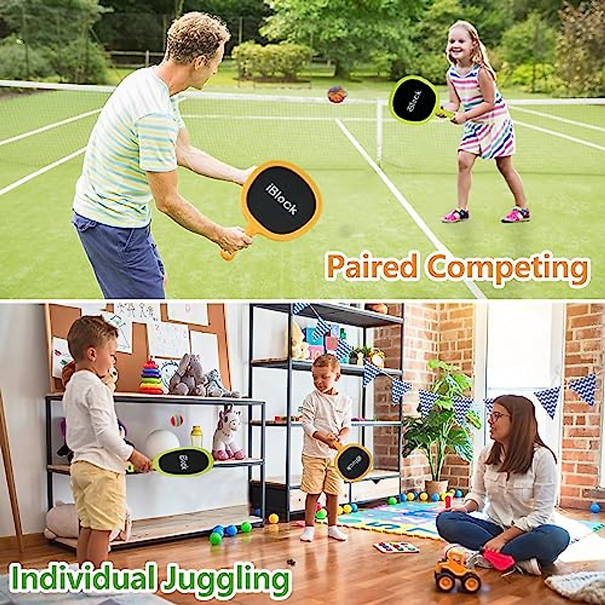 Portable Paddles and Bouncy Balls Set for Kids or Adults’ Indoor Outdoor Activities, Sport Game for Beginner or Intermediate Fun Play, Swing Racket in Beach Pool Backyard Playground Lawn Park or Court