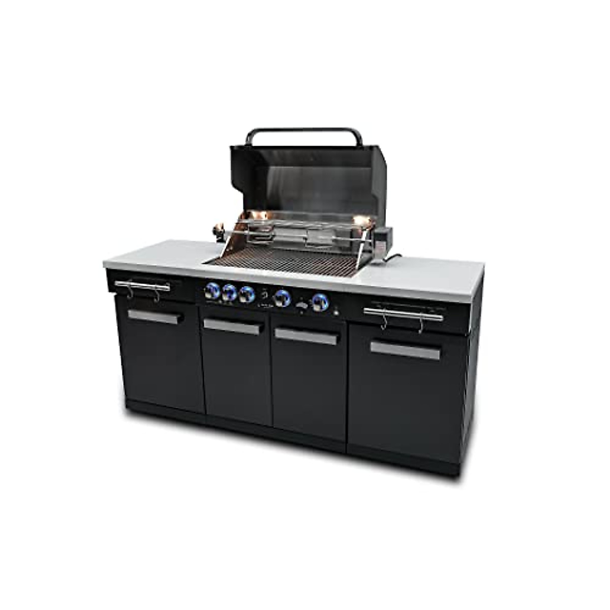 Mont Alpi MA-957 5-Burner 63000 BTU Black Stainless Steel Outdoor Kitchen Bar Gas Island Grill w/ Infrared Rear Burner + Rotisserie Kit + Granite Countertop + Storage Cabinets & Full Weather Cover