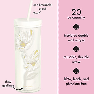 Kate Spade New York Acrylic Bridal Tumbler with Lid and Straw, 24 oz Tumbler for Bride to Be, Slim Double Wall Tumbler, Growing Tulips