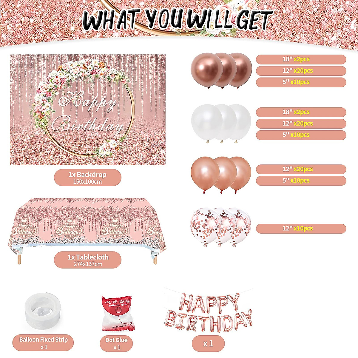 Floral Happy Birthday Decorations Women, 125PCS Rose Gold Flower Birthday Party Supplies Including Happy Birthday Backdrop, Balloon Arch/Garland Kit, Birthday Tabblecloth for Girls