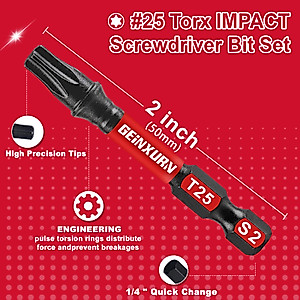 Geinxurn 10 Pieces 2 In. T25 Impact Tough Magnetic Screwdriver Bit Set, #25 Torx Head Power Bits, S2 Alloy Steel Star Bits with Storage M-Box