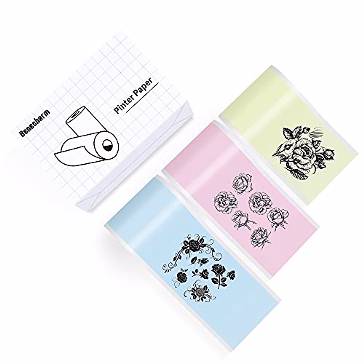 BeneCharm Colorful Self-Adhesive Thermal Paper, Glossy Sticker Paper for Vetbuosa Portable Picture Mobile Printer, Black on Pink/Blue/Yellow, 57mm x 3.5m, Diameter 30mm, 3-Roll