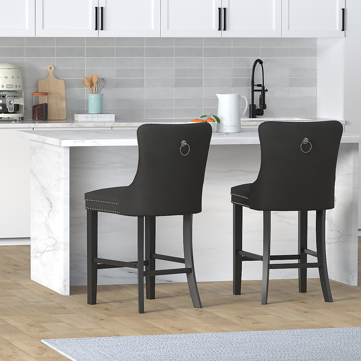 Kiztir Counter Height Bar Chairs Set of 2, 27" Modern Velvet Bar Stools with Button Decor, Nailhead Trim, Solid Wooden Legs, Beige Upholstered Bar Stools for Kitchen, Cafe, Pub (Black)