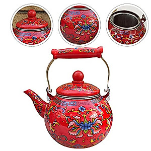 Hemoton Camping Kettle Tea Pots Enamel Tea Kettle Stove Teapot with Infuser Porcelain Enameled Teakettle Hot Water Kettle Pot Water Coffee Warmer for Home Restaurant 2.2L Red Coffee Pot
