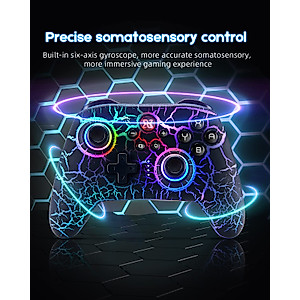 BINBOKPLAY Switch Controller, Wireless Switch Pro Controller for Switch/Switch Lite/Switch OLED, RGB Adjustable LED Wireless Remote Gamepad with Unique Crack/Motion control/Turbo/ALPS Joystick (Black)