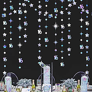 Iridescent Number 16 Circle Dot Twinkle Star Garland Kit Metallic Hanging Streamer Bunting Banner Backdrop Decorations for Girls 16th Birthday Sweet Sixteen Wedding Anniversary Bridal Shower Party