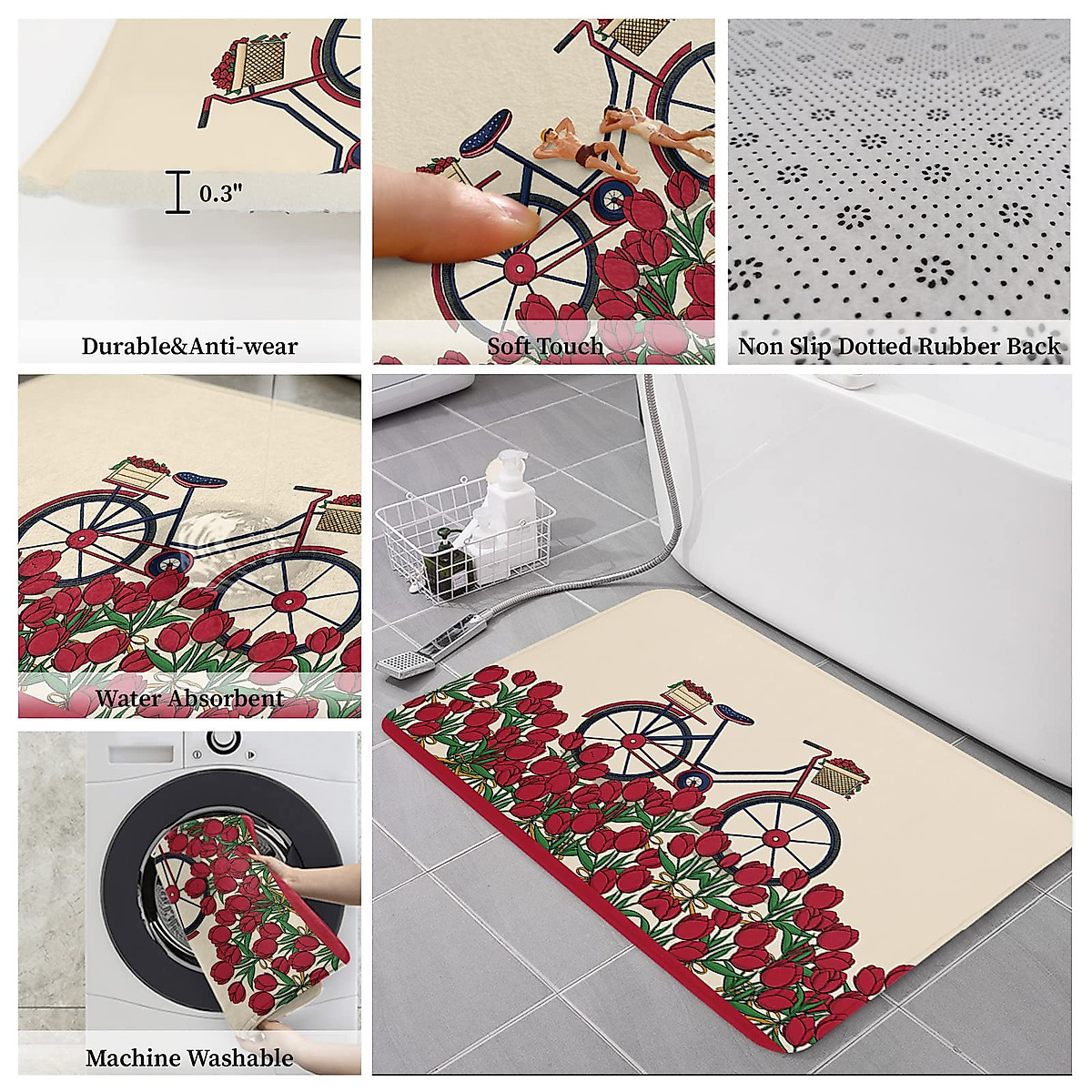 Libaoge Full of Love Bicycles and Red Rose Flower Floral Kitchen Mat Rug Set of 2 Runner Rug Anti-Fatigue Comfort Memory Foam Standing Mat Non-Slip Floor Door Mat for Bathroom Bedroom 18x30in+18x60in