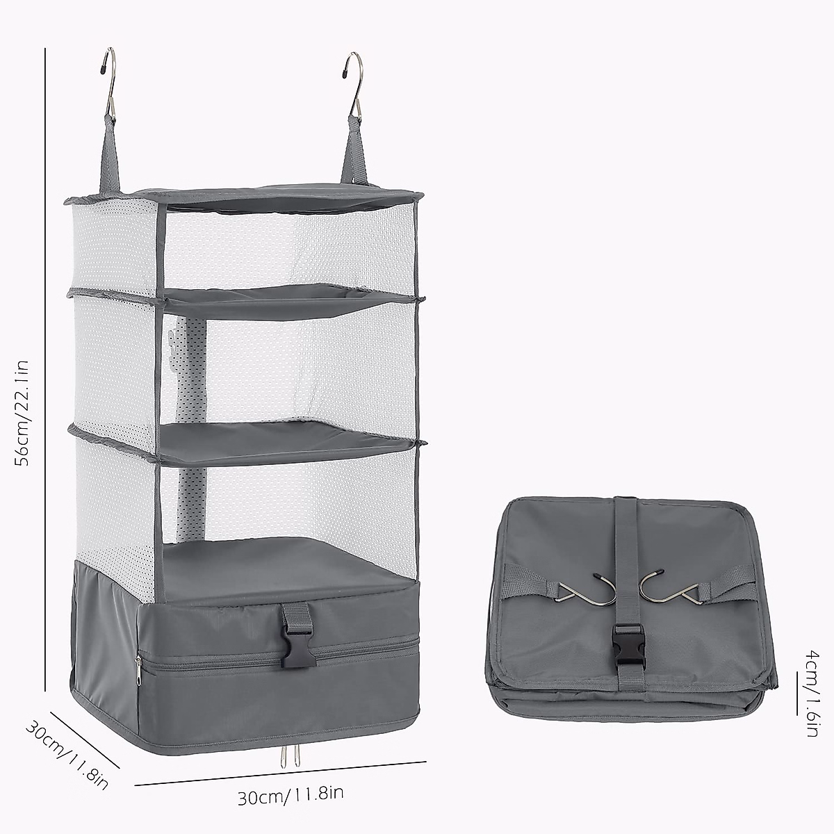 ELEZAY Hanging Packing Cubes Portable Travel Closet Collapsible Compression Clothes Organizer with Built in Shelves for Carry-on Luggage Suitcase Wardrobe Large_11.8 * 11.8 * 24 in, Grey