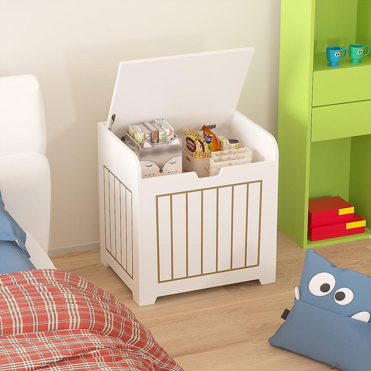 VILAWLENCE Storage Box Small Cube Toy Storage Organizer White，White Wooden Entryway Storage Bin For Home Books Clothes Toy,Small Square Nightstand For Playroom,Bedroom(15.4x11.8x15.3inches)