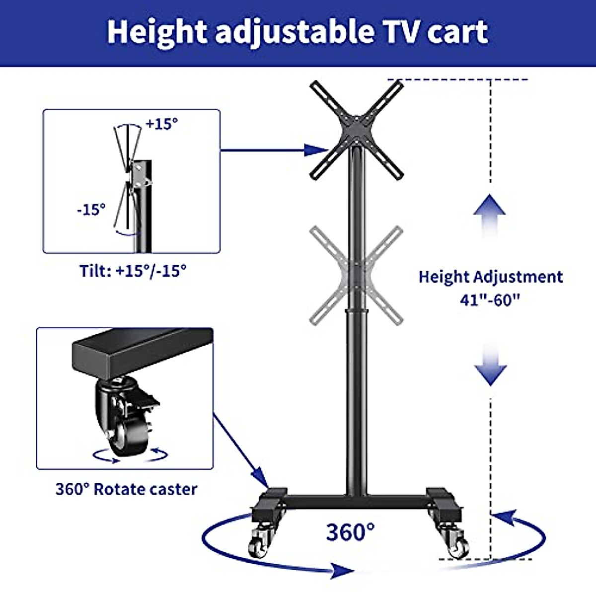 Mobile TV Cart with Wheels for 13-40 inch LED LCD Flat/Curved Screen TVs, Rolling/Floor TV Stand with Shelf Up to 44 lbs, Height Adjustable TV Trolley Max VESA 200x200mm - UL Certificated- TC001