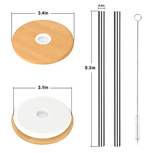 Cafezi Bamboo Lids Mason Jar Lids with Stainless Steel Straws,Reusable Lids with Straw Hole,2 Straws and 1 Straw Brush,Bamboo Mason Jar Lids for Wide and Regular Mouth Mason Jar
