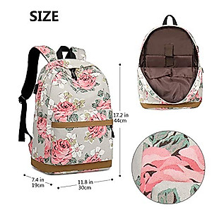 forestfish Laptop Backpacks With USB Charging Port, Large Capacity Lightweight Floral Printed College Bookbag Casual Daypack (Flower-Light Grey)