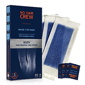NO HAIR CREW Body Wax Strips – High Performance Wax Strips Made for Men, 20 strips & 4 soothing cleansing wipes