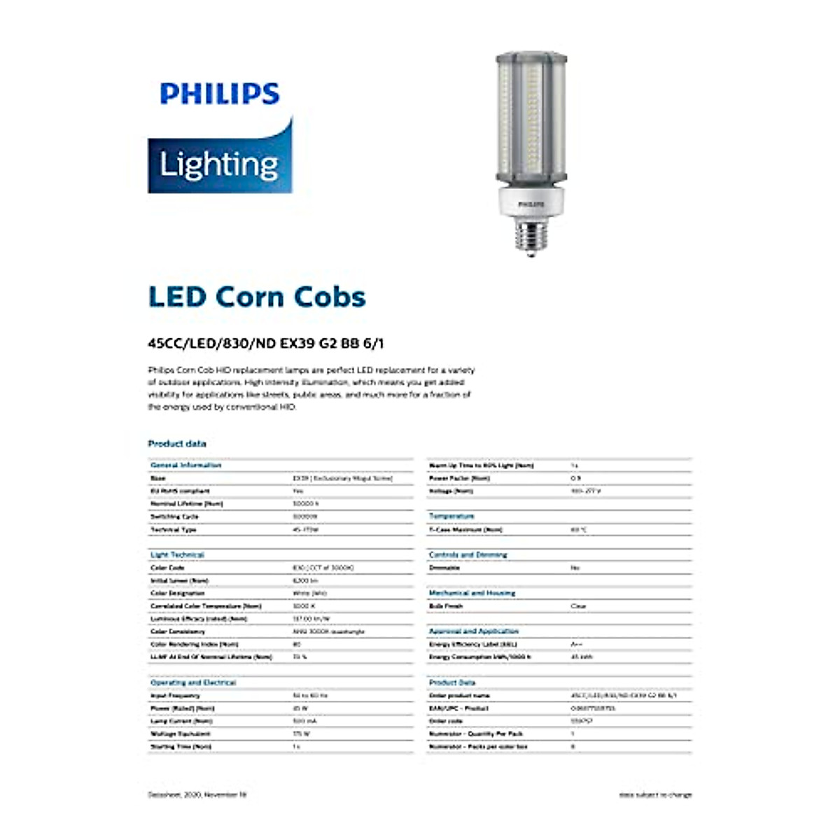 Philips 559757 Corn Cob 45W LED = 175W - 200W HID Retrofit Lamp 6200 Lumen Light Bulb Outdoor Post Tops Parking Lots Ballast Bypass 3000K Mogul 45CC/LED/830/ND ED23.5 ED28 BT28 MVR175 MH175/ED28 MH175