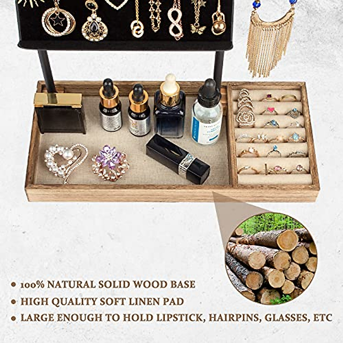 SOLIMINTR Jewelry Organizer, Jewelry Stand with Necklace Display Holder 3 Tier Earring Organizer Rustic Wood Base Tray with Ring Stand Jewelry Storage Tower for Women Girls Gift