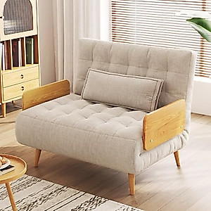 JASIWAY 3-in-1 Convertible Chair Bed Sleeper for Adults, Linen Convertable Sleeper Chair with Wooden Arms & Pillows, Foldable Single Futon Sofa Bed for Small Spaces, Mid Century, 76.6" D x 36.6" W