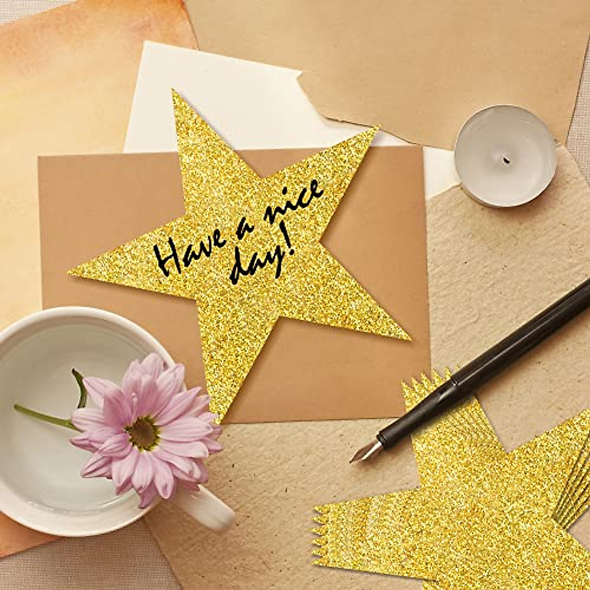 100 PCS Glitter Gold Five Star Cutouts Paper Star Confetti Cutouts Gold Star Cutouts for Bulletin Board Stars Accents Classroom Wall Party Decoration Supply