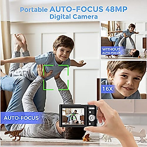Digital Camera, NEZINI 2 Charging Mode Autofocus Kids Camera, Full HD 1080P 48MP LCD Mini Vlogging Camera, 16X Zoom Compact Pocket Camera Point and Shoot Camera for Kids Teens Beginners (Black)