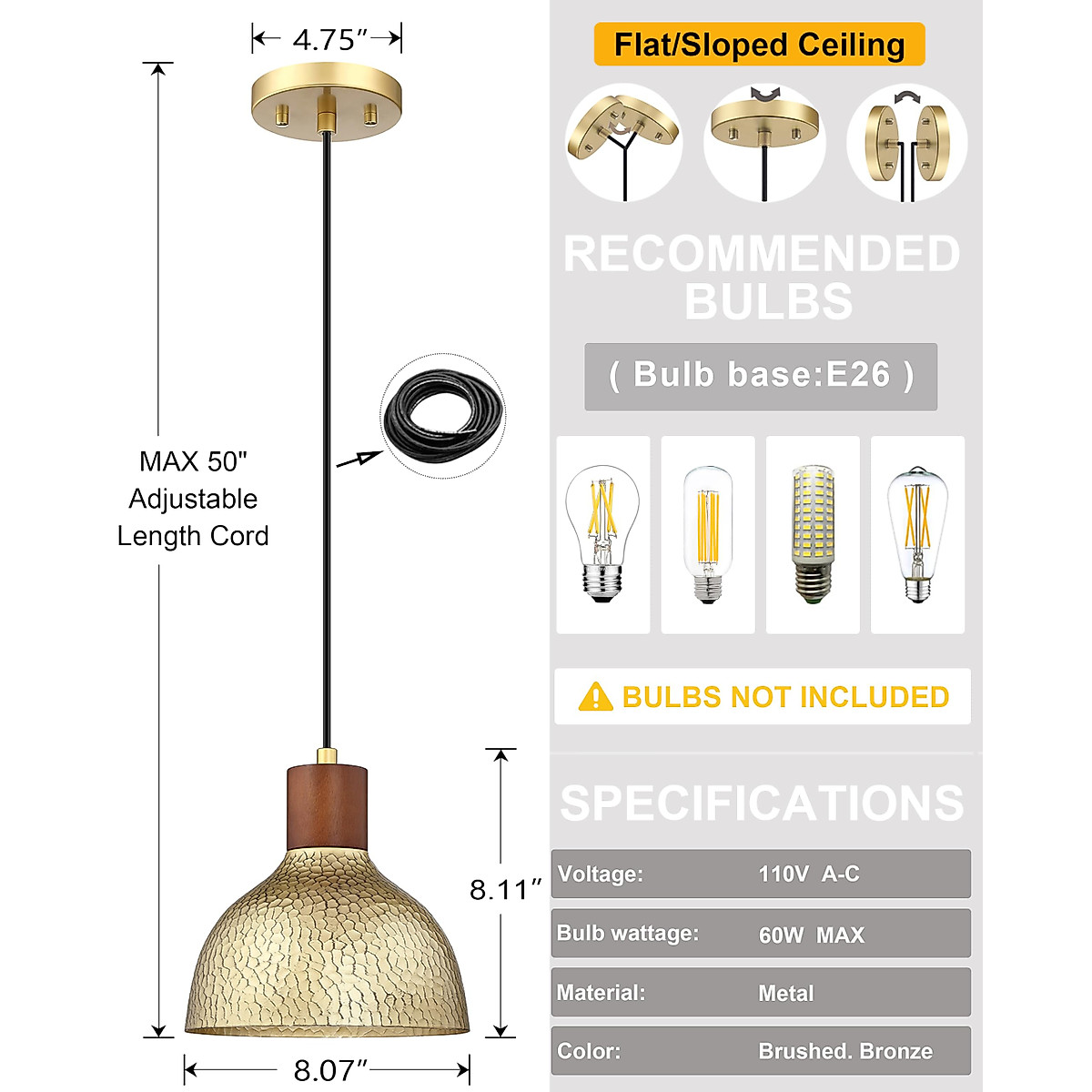 2 Pack 1 Light 8” Vintage Gold Pendant Light Fixtures,Industrial Hammer Metal Hanging Light Rubber Wood Brushed Brass Finish Pendant Lamp for Kitchen Island,Farmhouse Dining Room Over Sink
