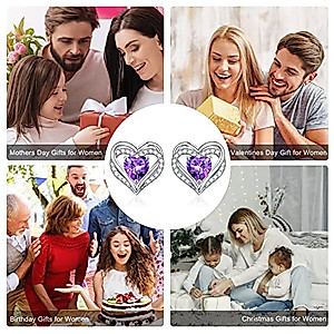 Iefil Earrings for Women, 925 Sterling Silver February Birthstone Purple Amethyst Heart Stud Earrings for Women Wife Mothers Day Anniversary Valentines Day Birthday Gifts for Women Jewelry