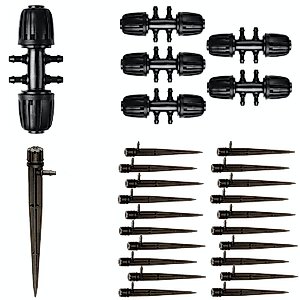 25PCS Drip Irrigation Kits, 5 Barbed Tee 1/2 inch to 1/4 inch Irrigation Tube Variable Diameter Six-Way Adapter and 20 Dripper Emitters Sprayer for 4mm/7mm Hose with Stake Water Flow Adjustable