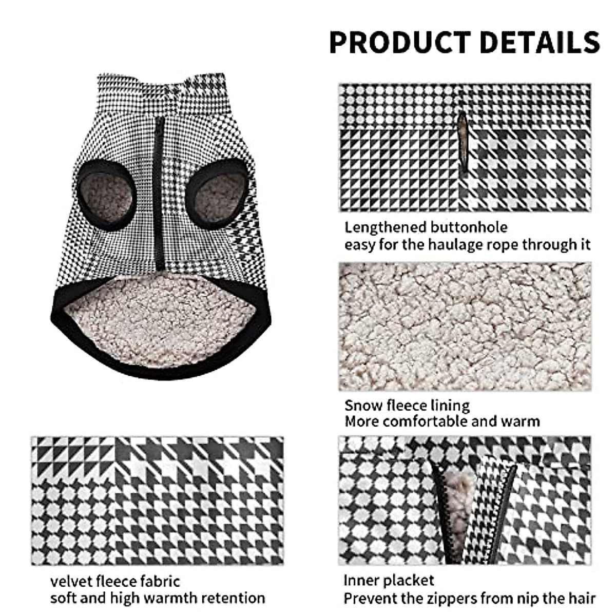 Kigai Black Houndstooth and Plaid Tartan Dog Coat Fleece Warm Windproof Pet Clothes for Snow Cold Weather, Soft Cozy Breathable Dog Winter Jacket for Small Medium large Dogs with Leash Hole Pet Coat(X