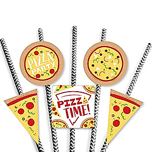 Big Dot of Happiness Pizza Party Time - Paper Straw Decor - Baby Shower or Birthday Party Striped Decorative Straws - Set of 24