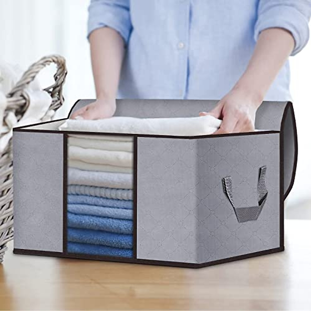 90L Extra Large storage bag ,6 Pack Clothes Storage Bins with lids，durable handle, transparent window, Sturdy Zippers , for closet organizers and storage, Blanket, Comforters, Bed Sheets, Pillows and Toys（gray）