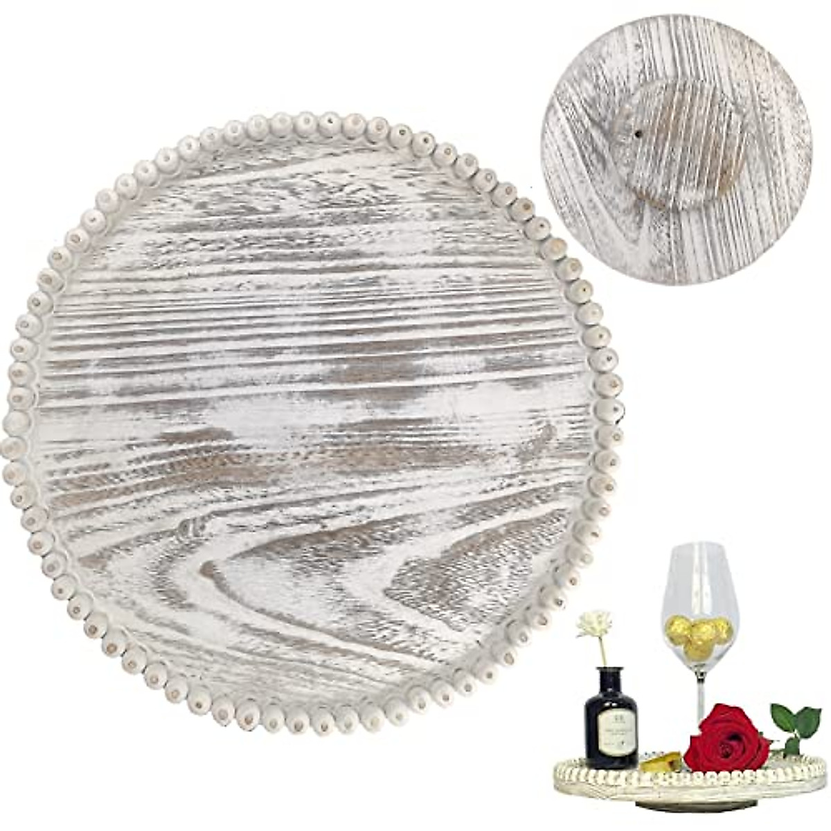 White Beaded Lazy Susan Wooden Kitchen Turntable Wooden Round Swivel Tray Kitchen Decorative Tray 360 Degree Rotation Lazy Susan Dining Table Sideboard Tray Rack Kitchen Decorative Tray (12")