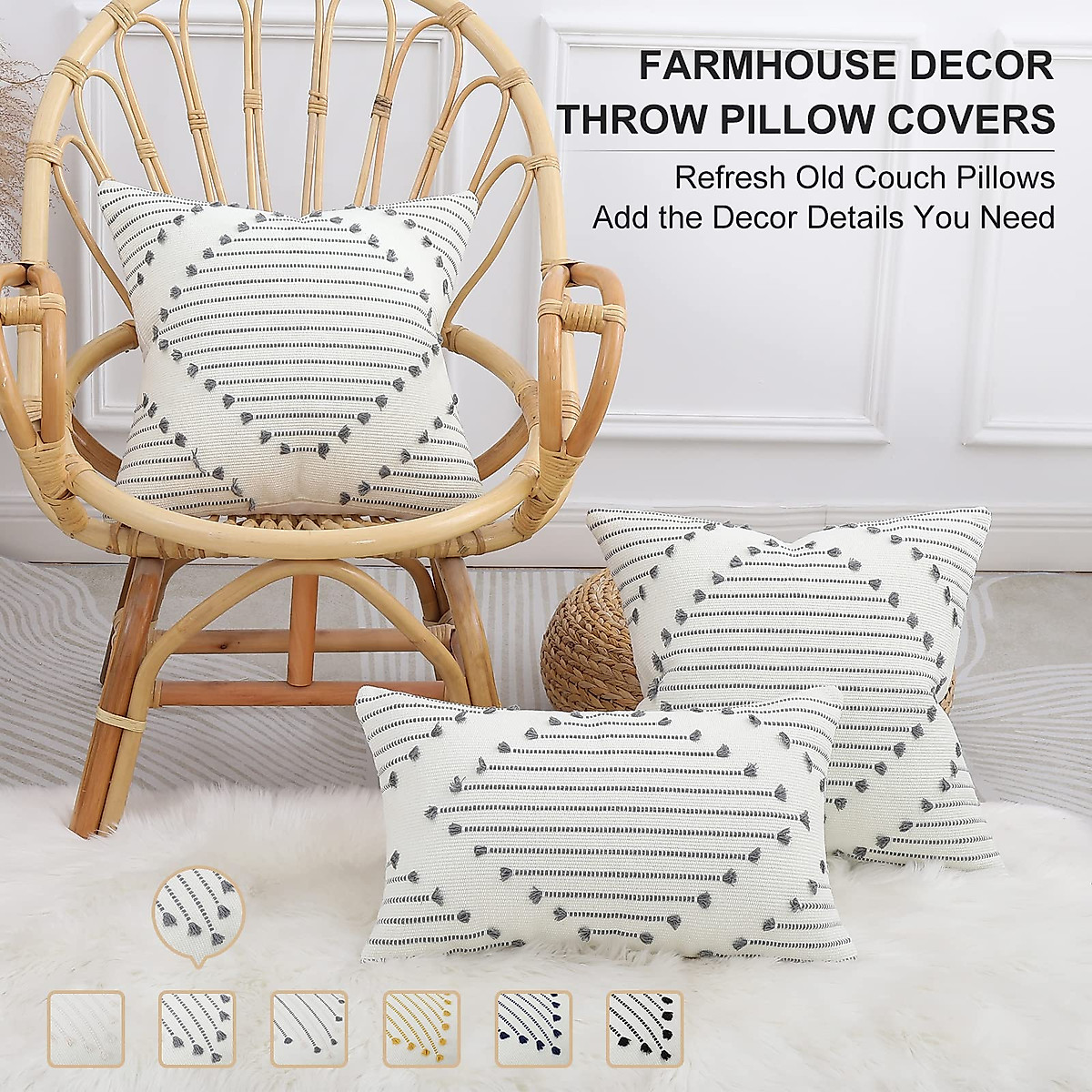 Mecatny Boho Throw Pillow Covers Grey and Cream White Pillow Covers 18X18 Set of 2 Farmhouse Decorative Pillow Covers for Couch Sofa Living Room