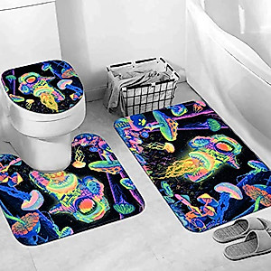 Alishomtll 4 Pcs Blacklight Astronaut Kids Shower Curtain Sets with Rugs, Black Light Space Bathroom Set with Shower Curtain and Rugs, Mushroom Jellyfish Bathroom Sets Decor for Men