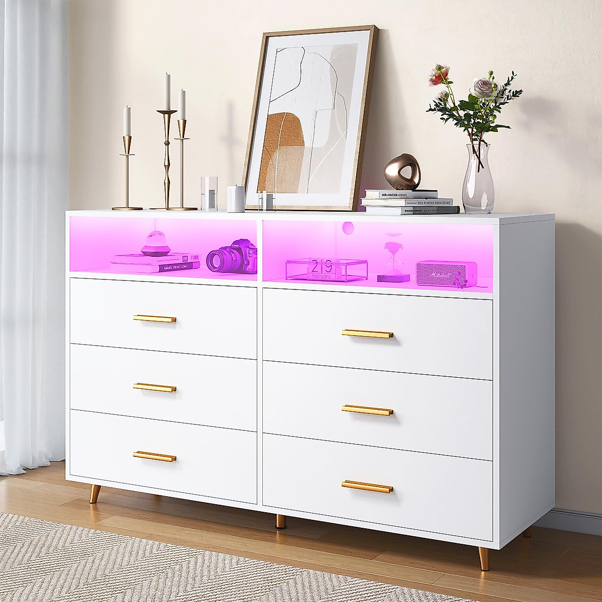EnHomee Dresser for Bedroom, White Dresser with LED, Chests of Drawers, 6 Drawers & 2 Shelves for Bedroom, Wood Chests of Drawers, Large Space Saver Furniture