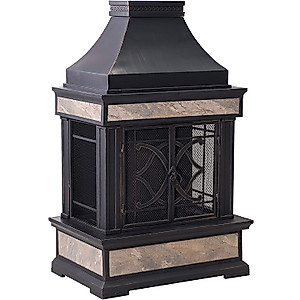 Sunjoy Outdoor Fireplace, Heirloom Patio Wood Burning Steel Fireplace with Chimney, Spark Screen, Fire Poker, and Removable Grate, Black