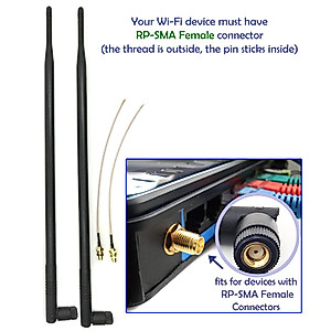 Set of 2 Omni-Directional Wi-Fi Long Range Dual Band 9 Dbi Antenna 2.4/5Ghz 802.11n/b/g and 2 RF U.FL Mini PCI to RP-SMA Female Pigtail Antenna Wi-Fi Cable (Kit for Routers, mini PCIe Cards)